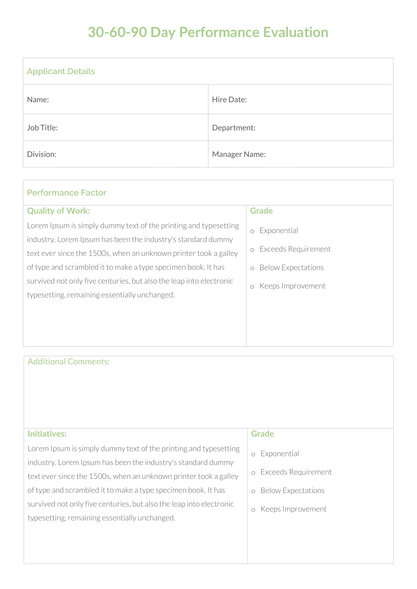 30 60 90 Day Performance Evaluation Template In Microsoft Word 