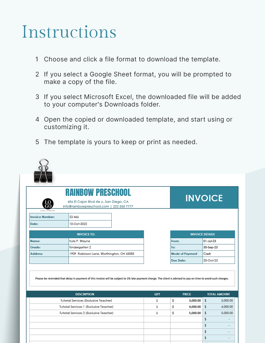 School Teacher Invoice Template - Google Docs, Google Sheets, Excel ...