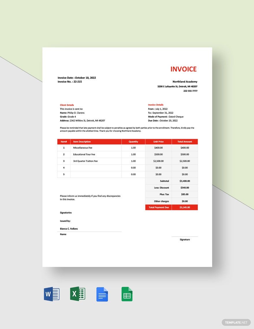 School Fees Invoice Template Google Docs Google Sheets Excel Word 