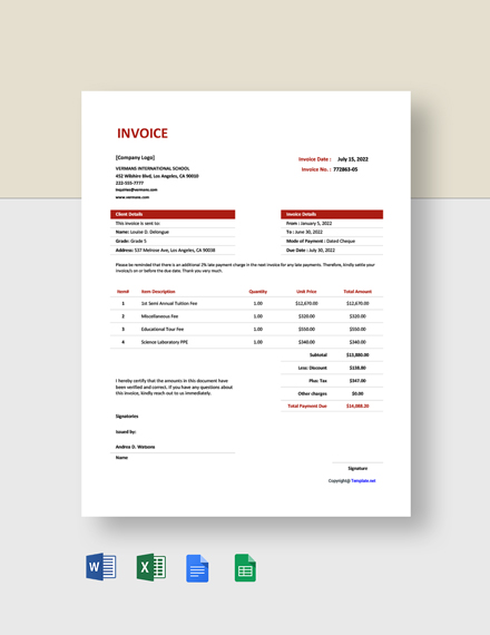 11+ FREE School Invoice Templates [Edit & Download] | Template.net