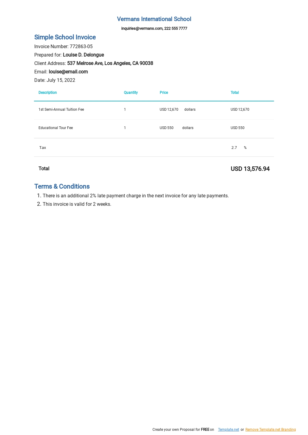 Free Simple School Invoice Template