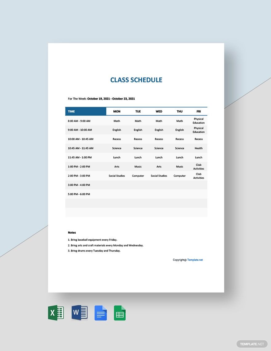 Class Schedule Template Google Docs Google Sheets Excel Word 