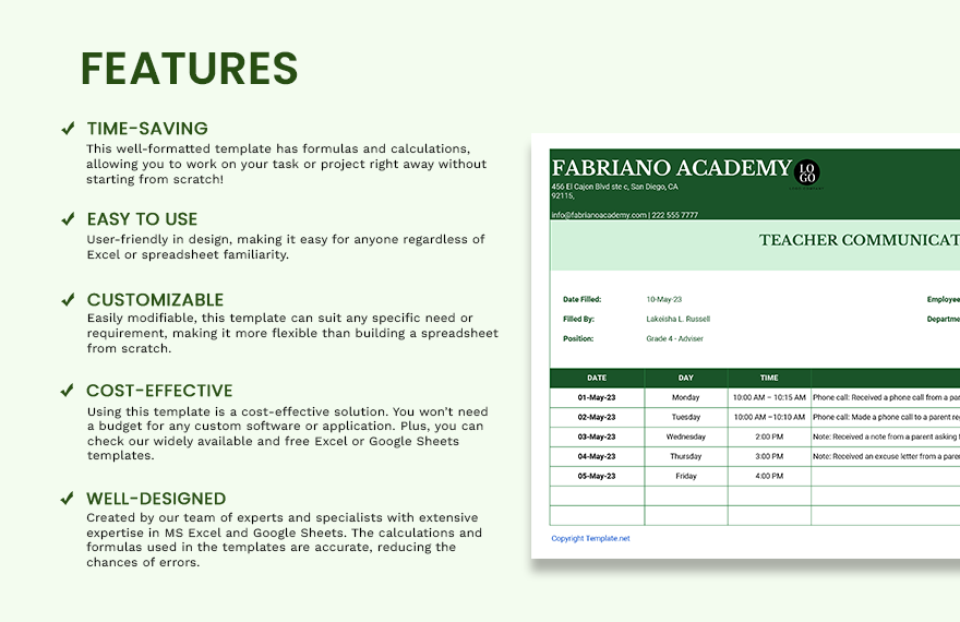Teacher Communication Log Template - Download in Word, Google Docs ...