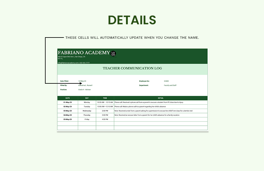 Teacher Communication Log Template in MS Word, MS Excel, Google Sheets ...