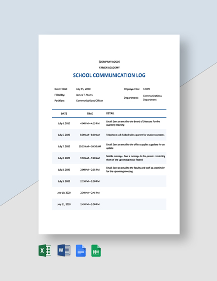 School Contact Log Template - Google Docs, Google Sheets, Excel, Word ...