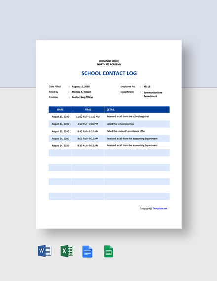 School Contact Log Template - Google Docs, Google Sheets, Excel, Word ...