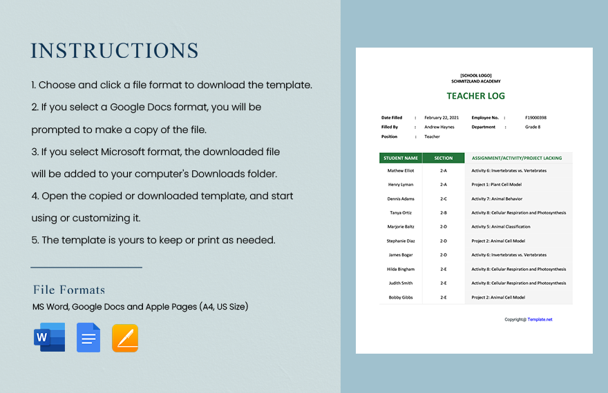 Free Sample Teacher Log Template - Download in Word, Google Docs, Excel ...