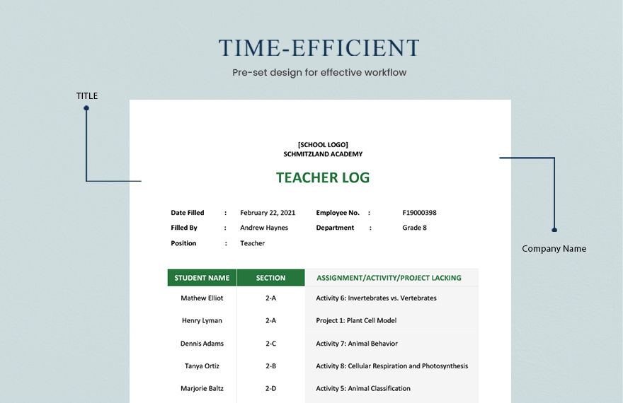 Free Sample Teacher Log Template - Download in Word, Google Docs, Excel ...