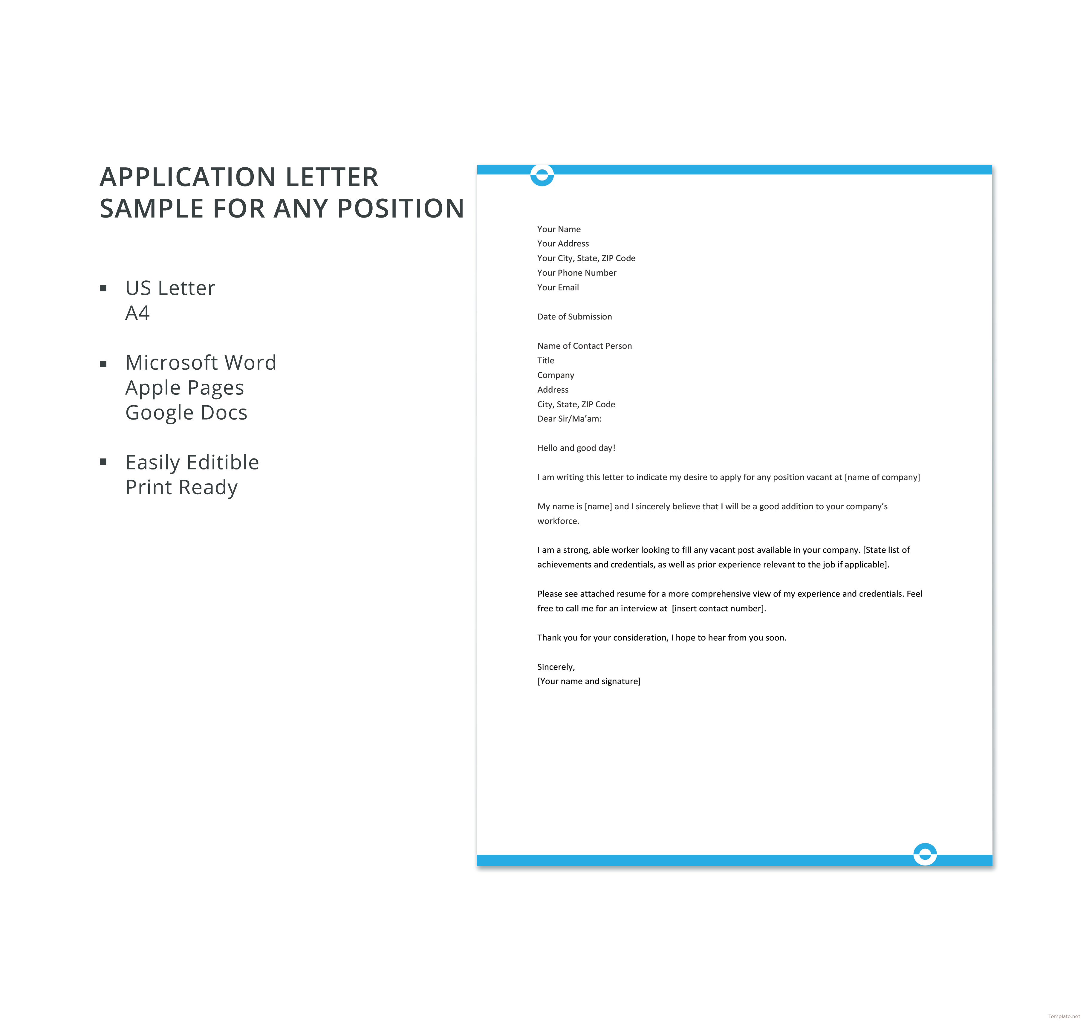 Free Application Letter Template Sample For Any Position In Microsoft 