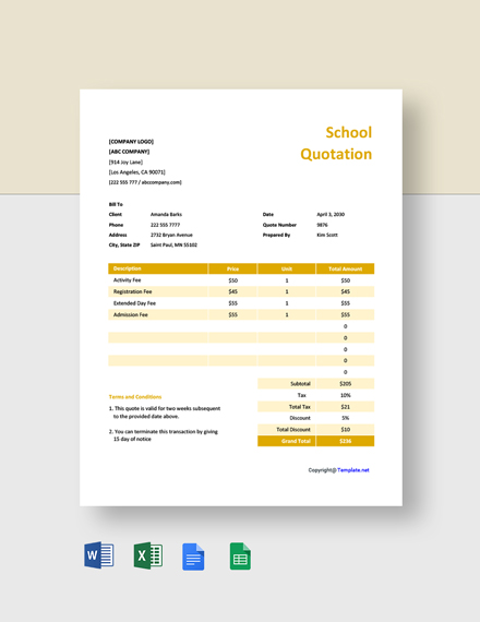 Free Sample School Quotation Template - Google Docs, Google Sheets ...