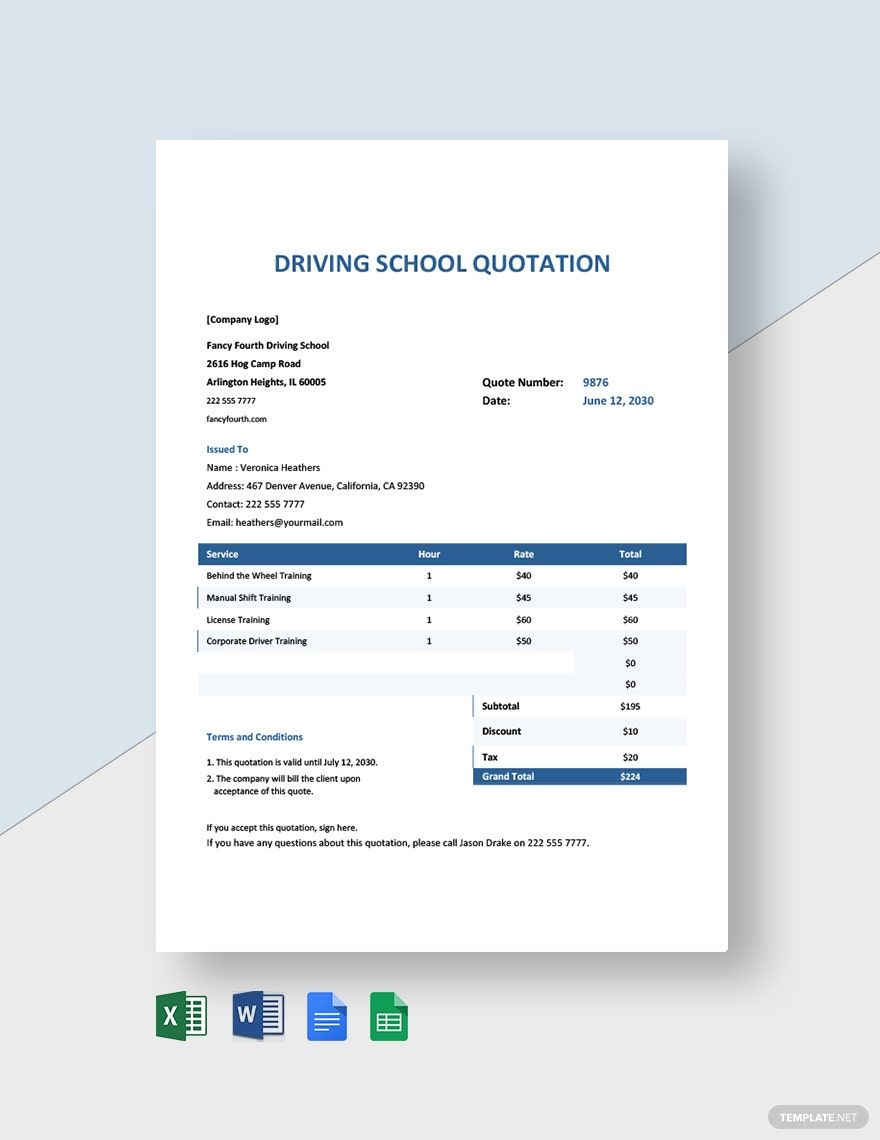 Free Sample School Quotation Template - Google Docs, Google Sheets ...