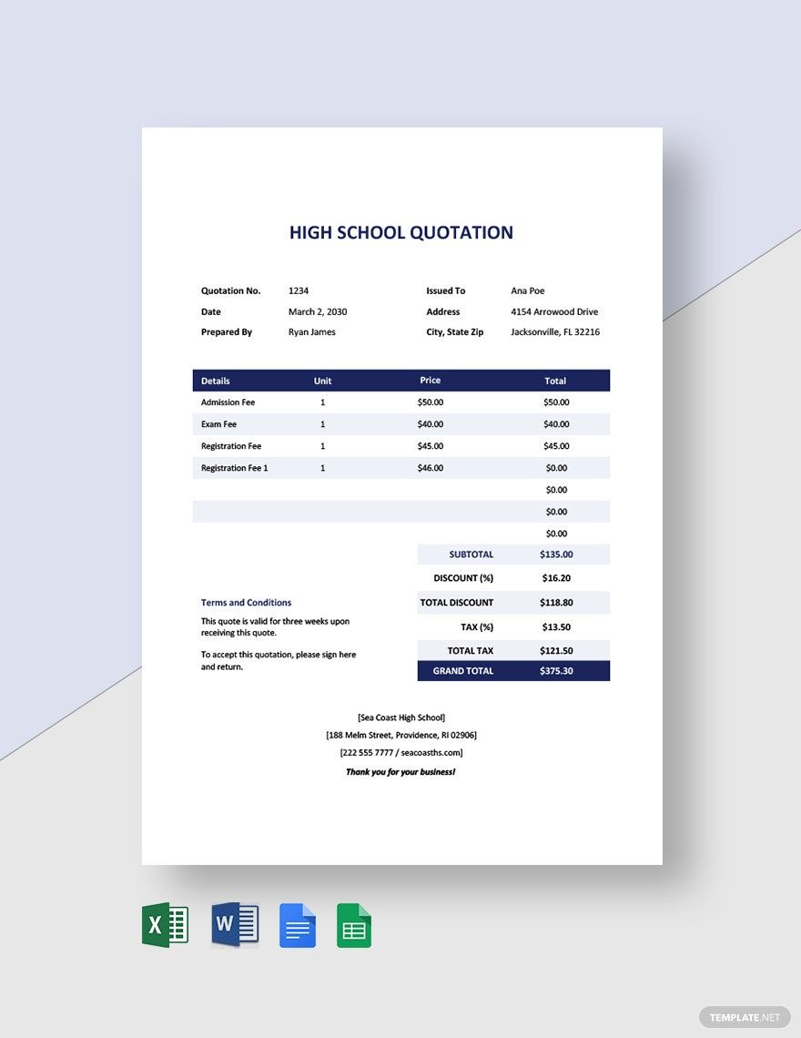 High School Quotation Template - Google Docs, Google Sheets, Excel ...