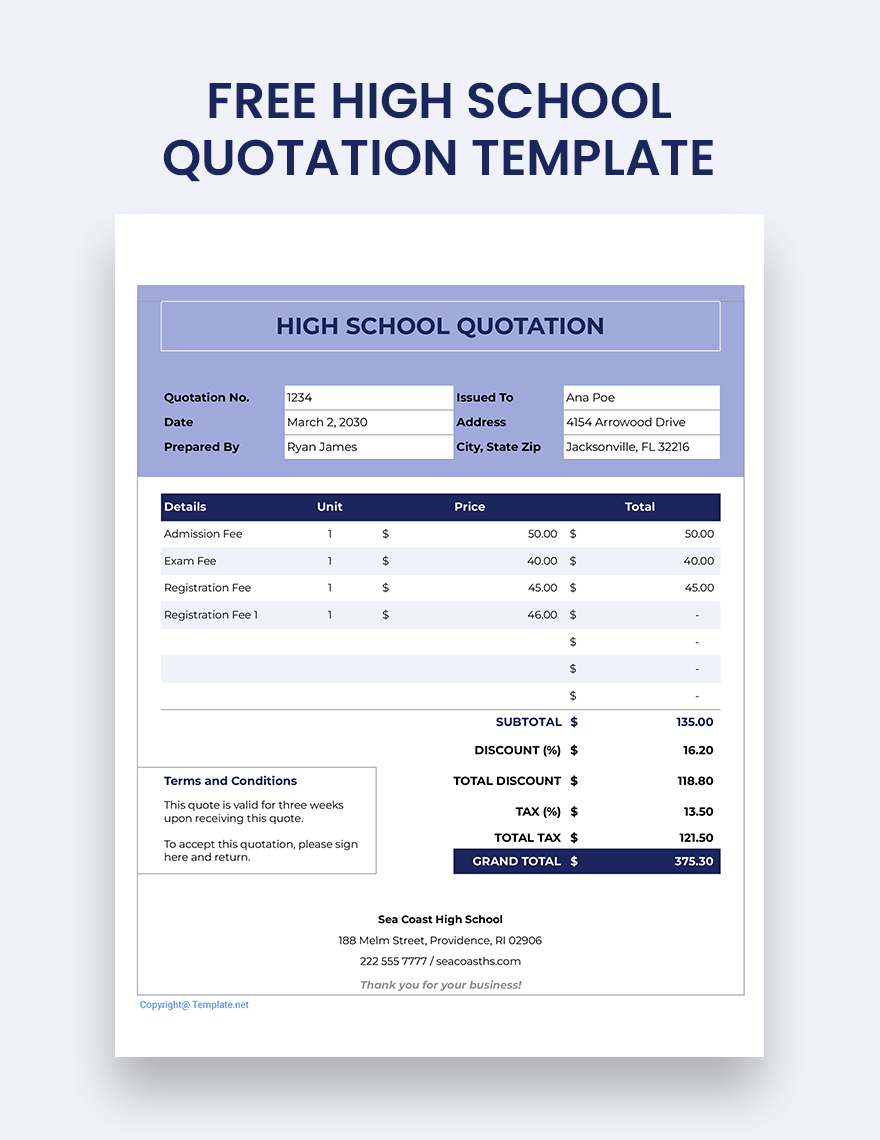 Free High School Quotation Template - Google Docs, Google Sheets, Excel ...