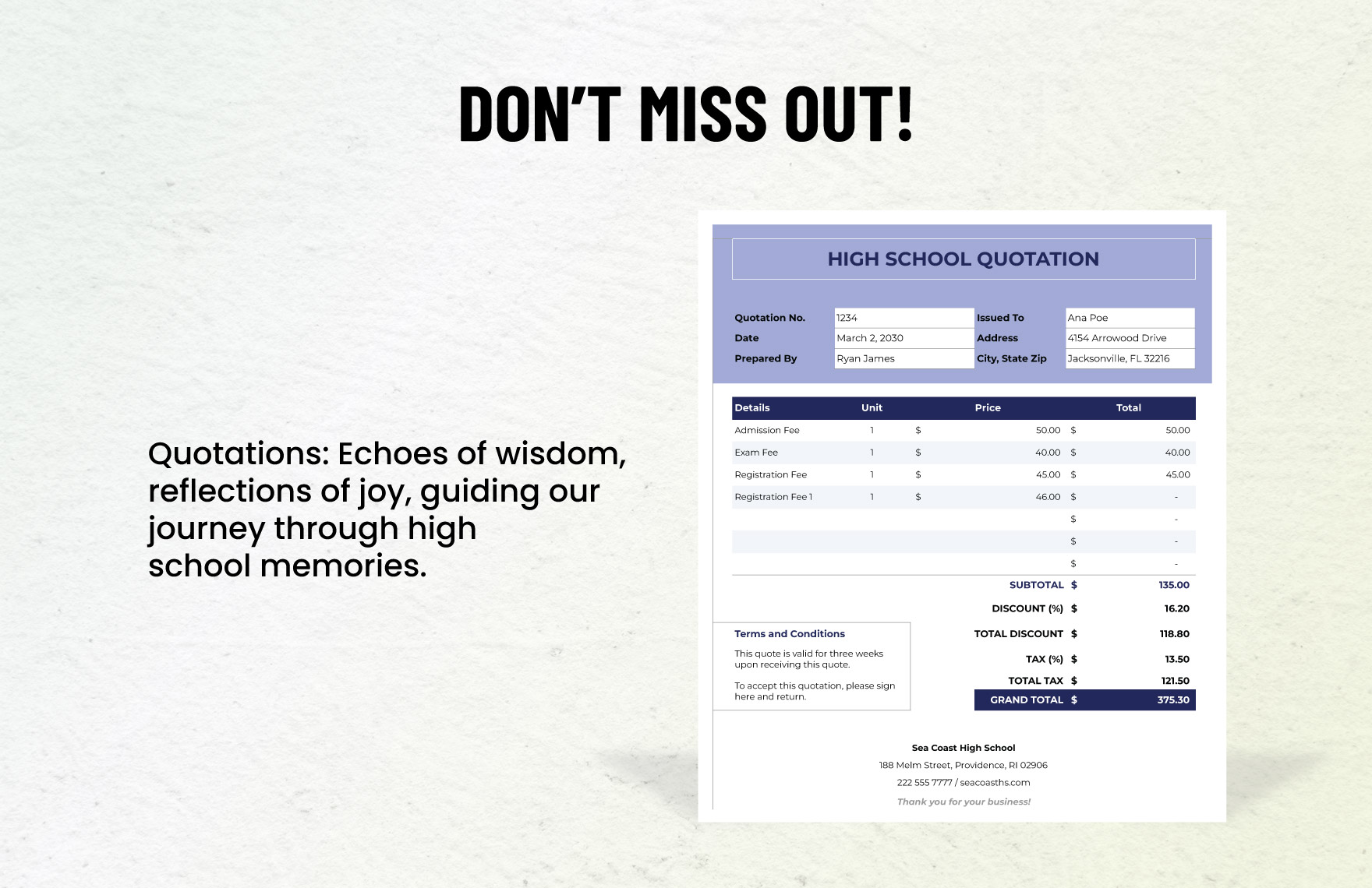 High School Quotation Template in Word, Google Docs, Excel, Google ...