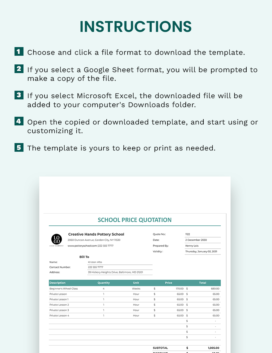 School Price Quotation Template - Google Docs, Google Sheets, Excel ...