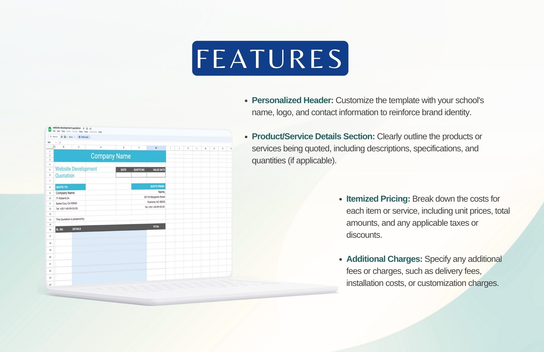 School Price Quotation Template in Word, Google Docs, Excel, Google ...