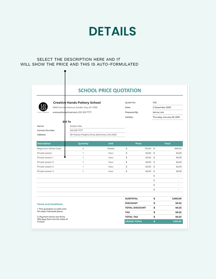 School Price Quotation Template - Google Docs, Google Sheets, Excel ...
