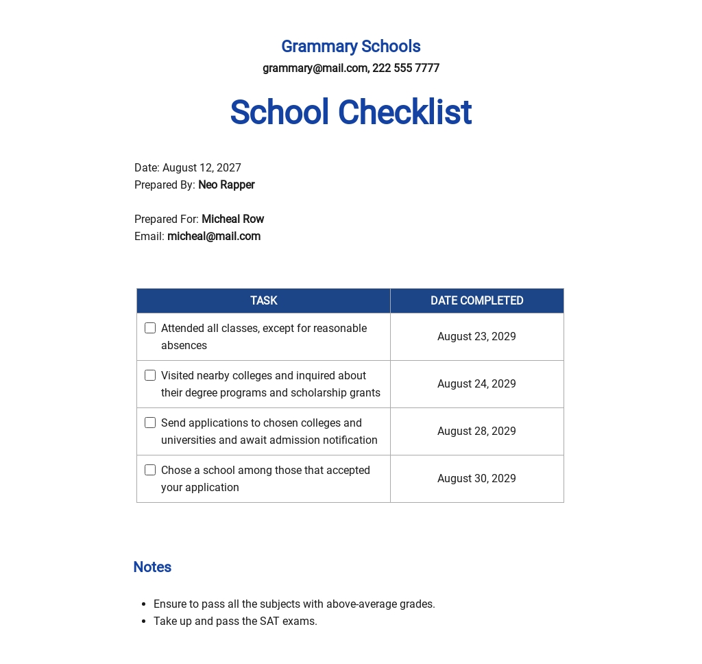 Sample School Checklist Template - Google Docs, Word | Template.net