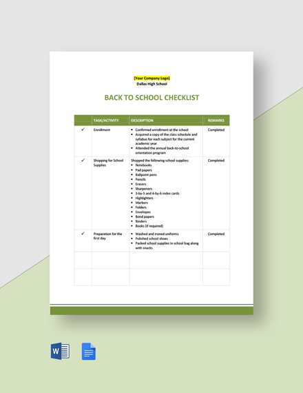 Sample School Checklist Template - Google Docs, Word | Template.net