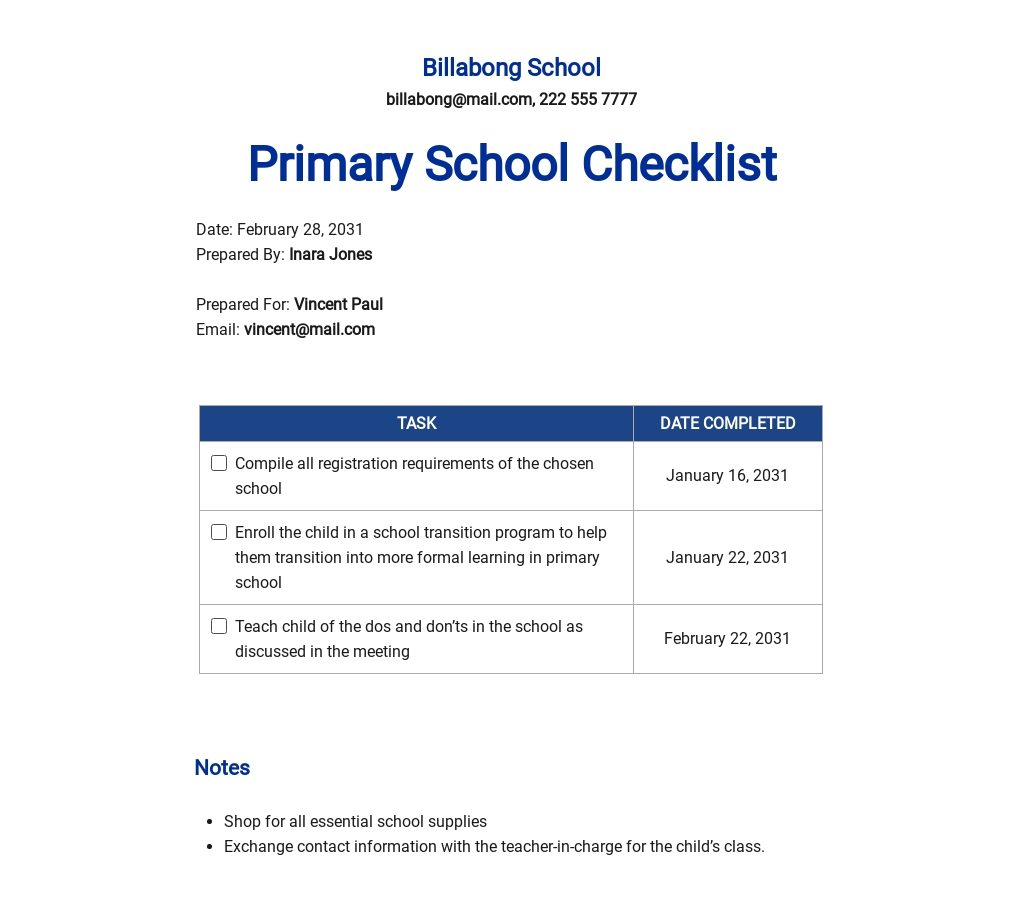 Sample School Checklist Template - Google Docs, Word | Template.net