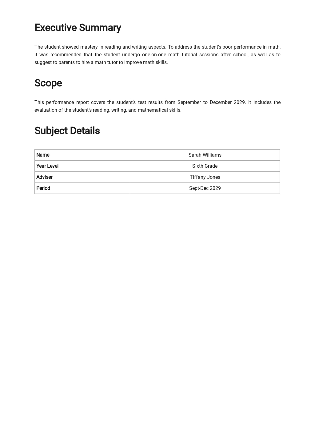 Student Performance Report Template Free PDF Google Docs Word 