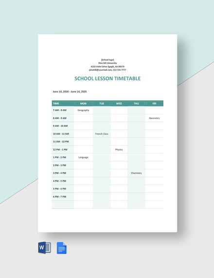FREE Blank School Timetable Template - Word | Google Docs