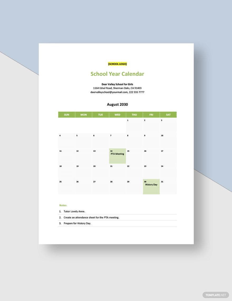School Year Calendar Template Google Docs Word Template