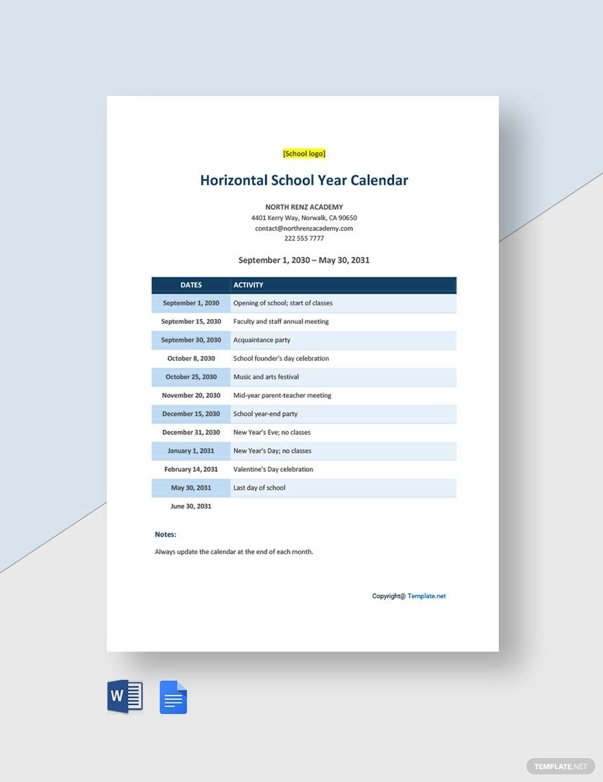 Horizontal School Year Calendar Template Google Docs Word Template