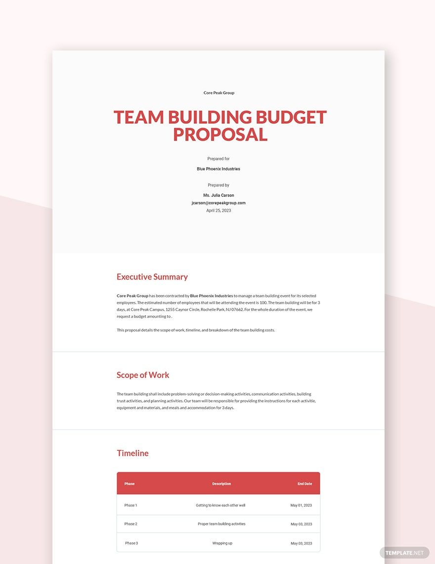 Team Building Budget Proposal Template Google Docs Word Apple Pages Template