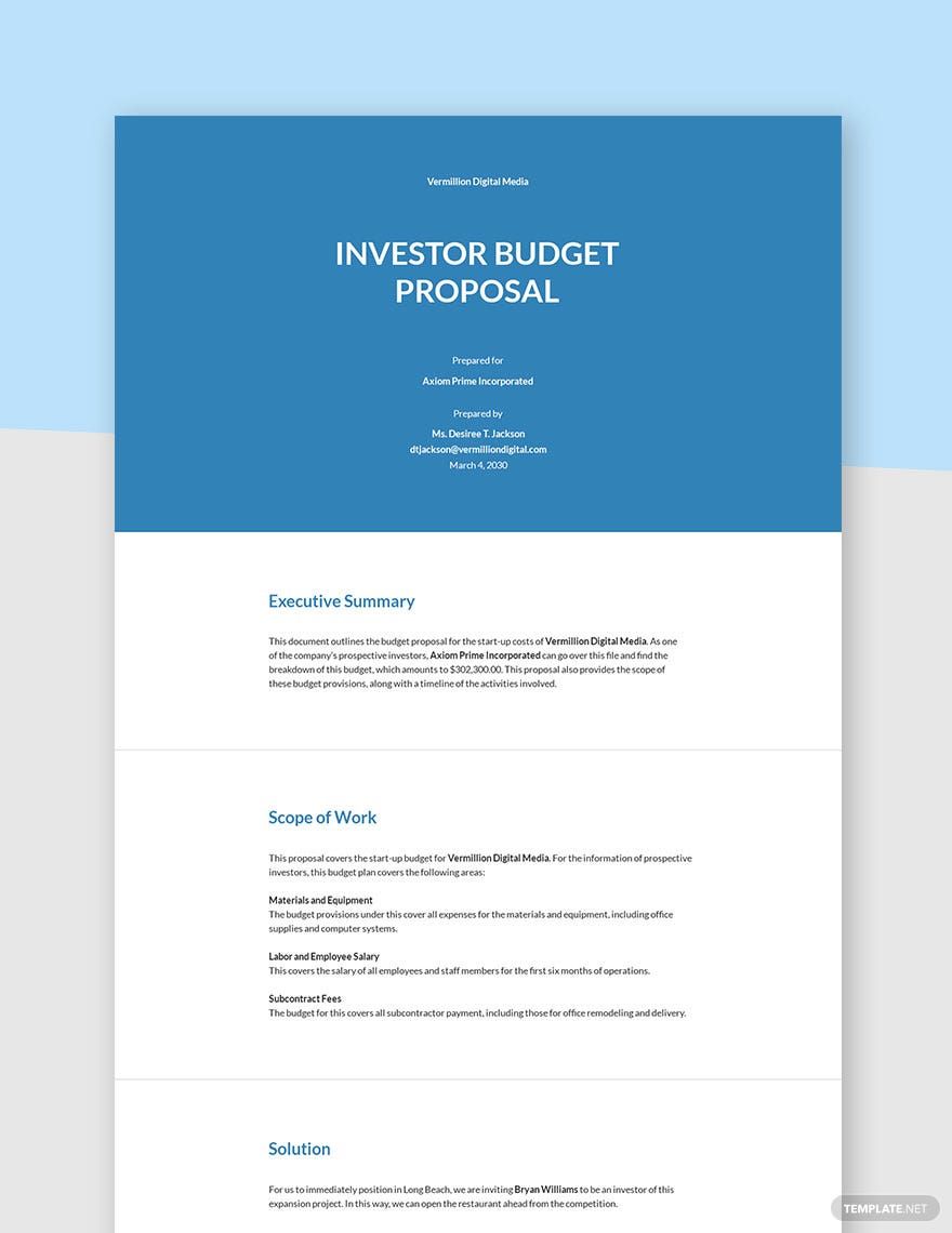 Investor Budget Proposal Template Google Docs Word Apple Pages 