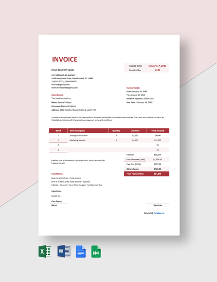 Insurance Agency Invoice Template - Google Sheets, Excel, Word ...