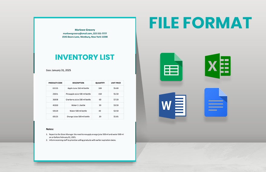 Inventory List Template - Google Docs, Google Sheets, Excel, Word | Template.net