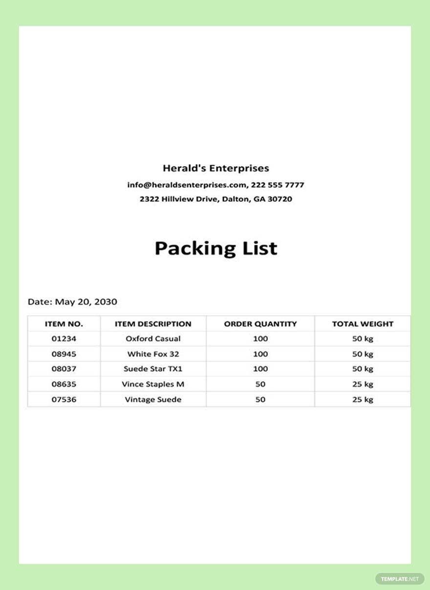 Shipping Packing List Template Google Docs Word Apple Pages 