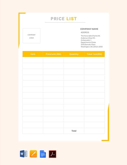  Price List Template Google Docs Word Template