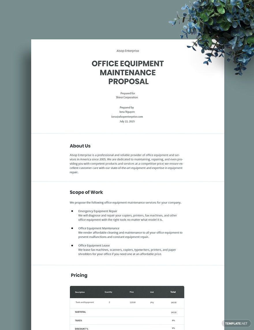 Equipment Purchase Proposal Template Google Docs Word Apple Pages 