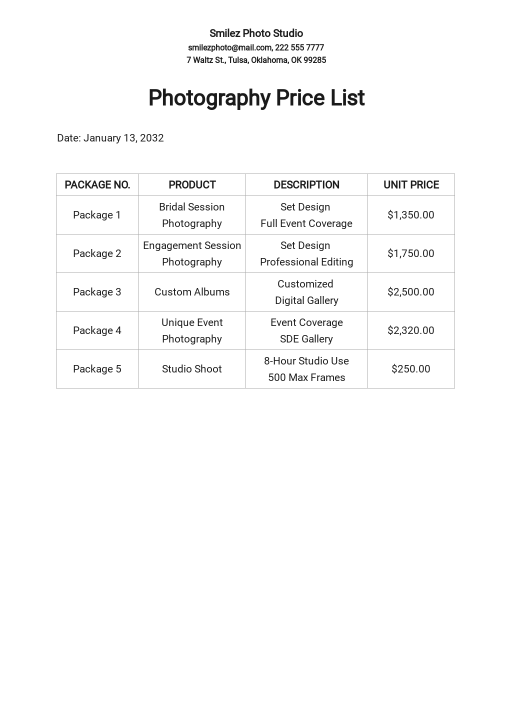 Sports Photography Price List Template
