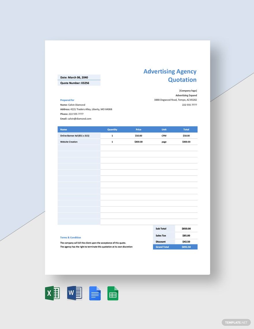 Social Media Advertising Quotation Template - Google Docs, Google ...