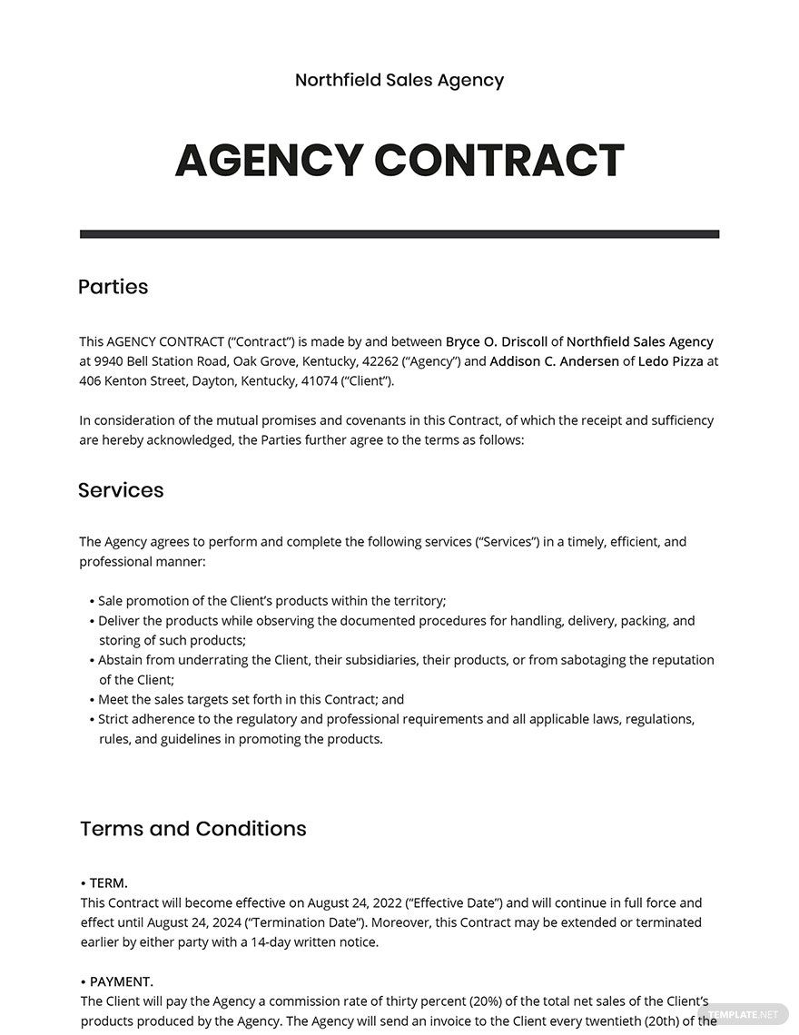 Free Sample Agency Contract Template Google Docs Word Apple Pages 