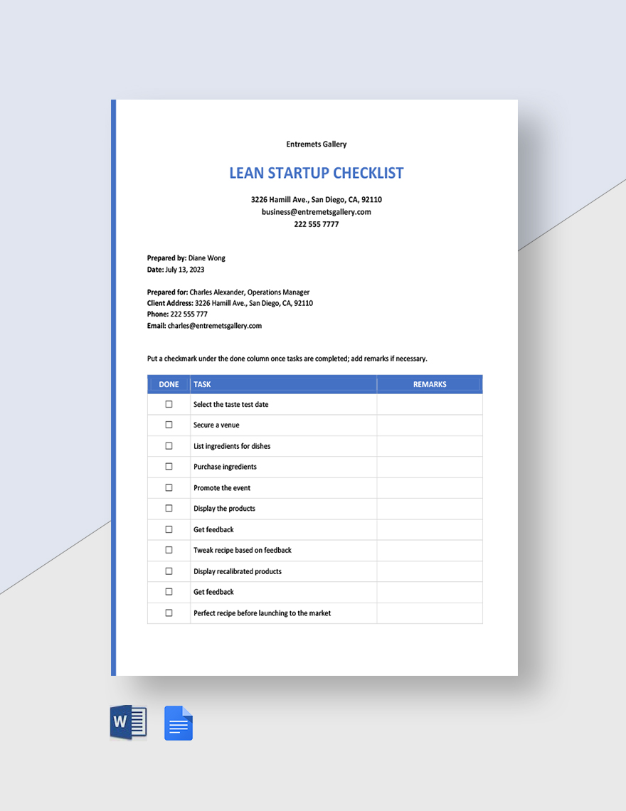 Startup Checklist Google Docs Templates Design Free Download Template