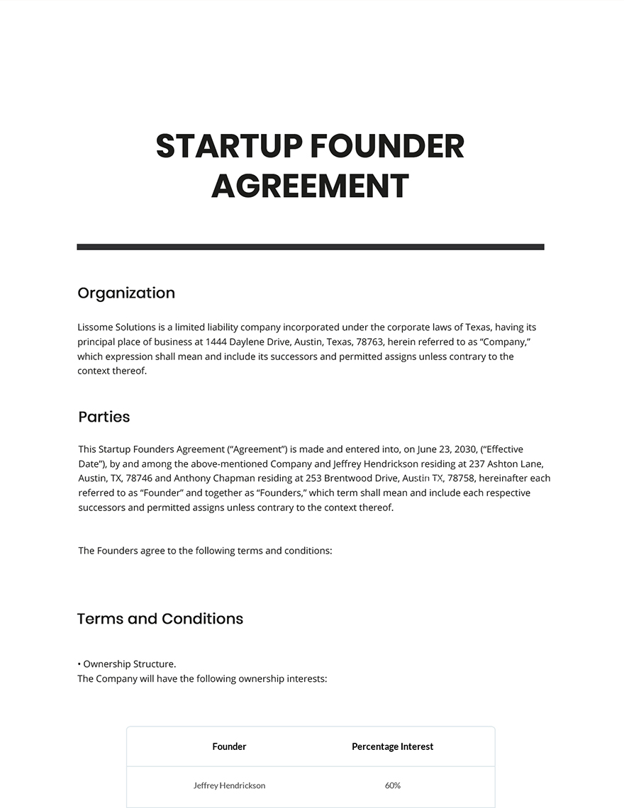 Startup Founders Agreement Template Google Docs Word Apple Pages 