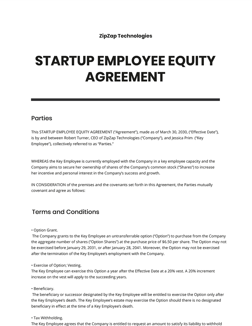 Startup Employee Equity Agreement Template Google Docs Word PDF 