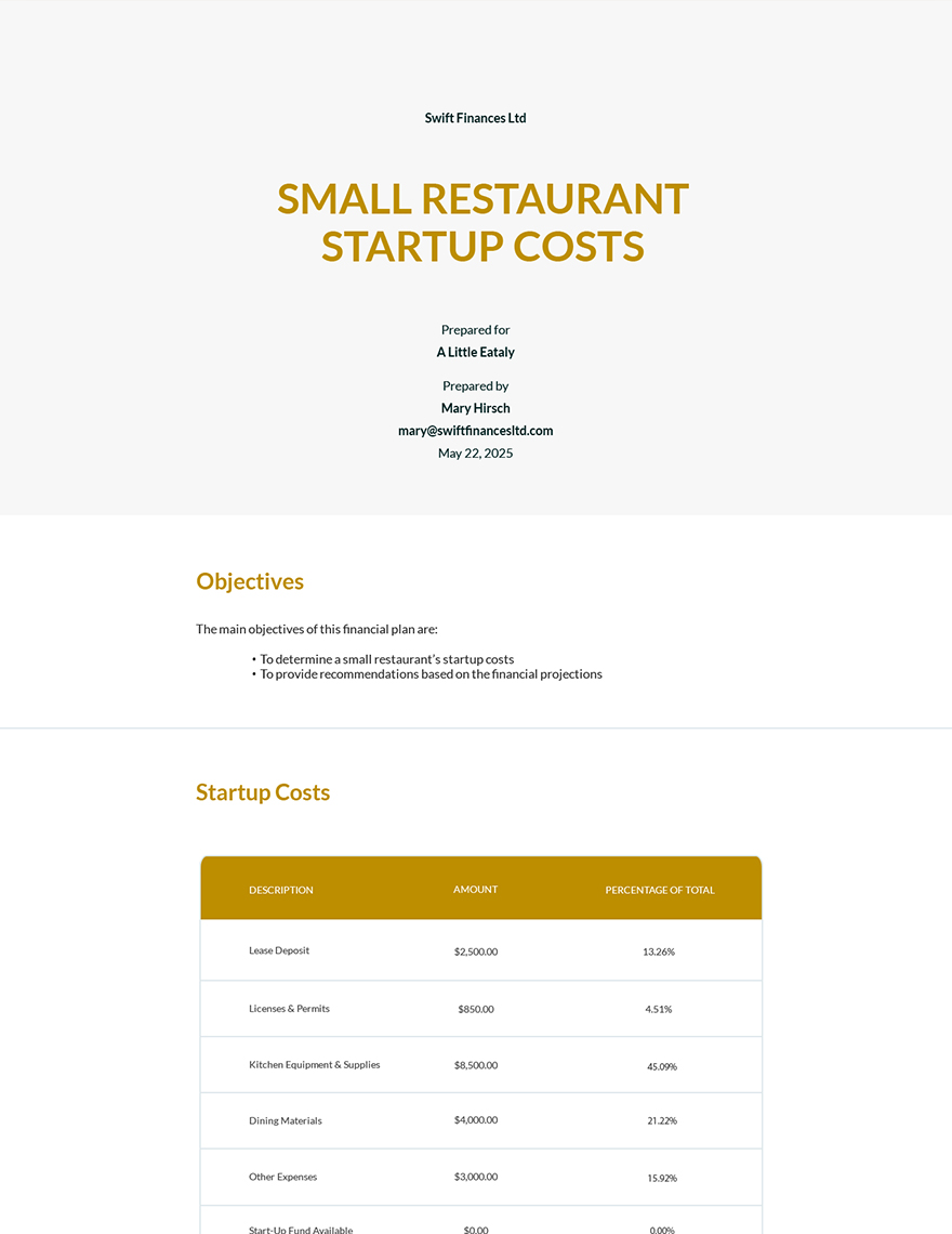 Small Restaurant Startup Costs Template Google Docs Word Apple