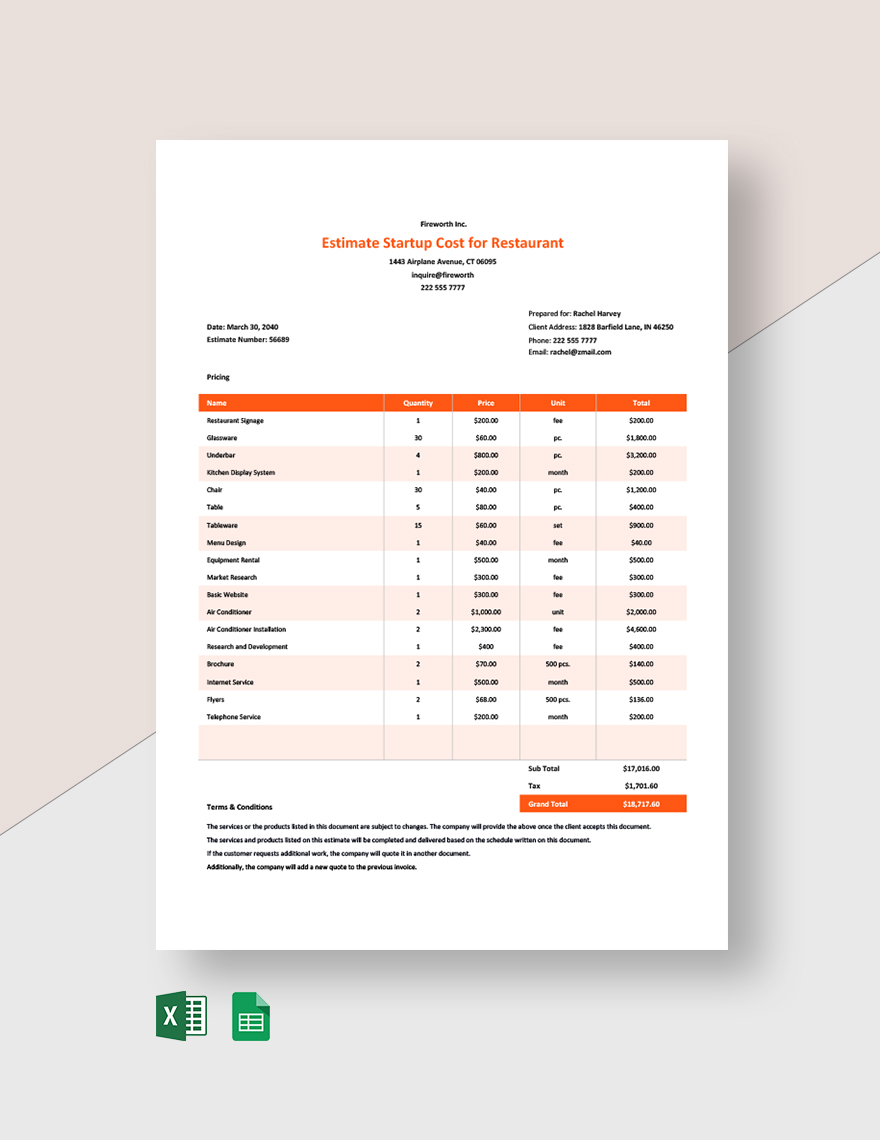 Estimate Startup Cost For Restaurant Template Google Sheets Excel Template