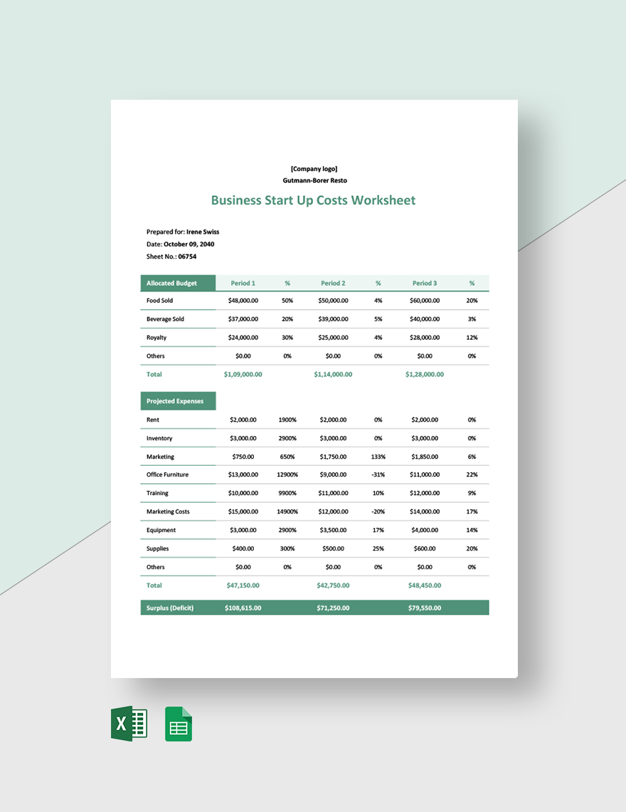 Business Start Up Costs Worksheet Template Google Sheets Excel Template
