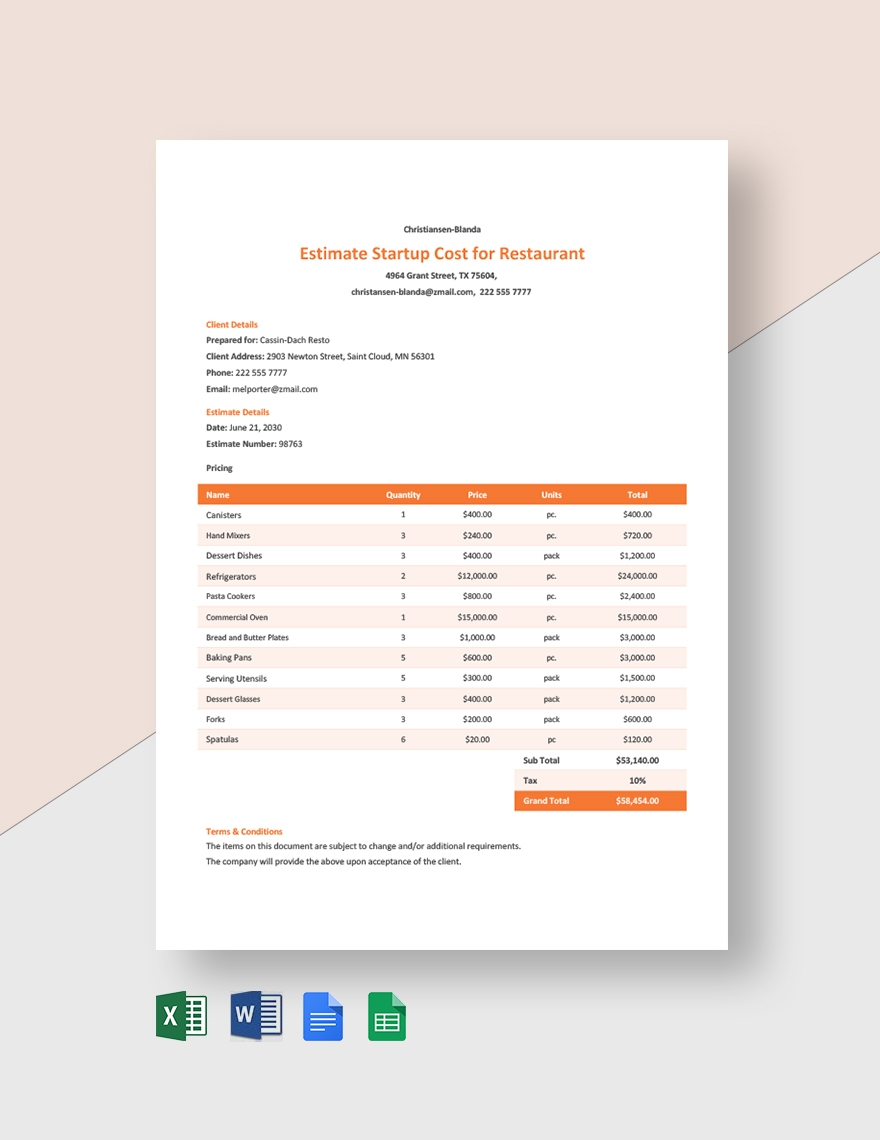 Editable Estimate Startup Cost For Restaurant Template Download In