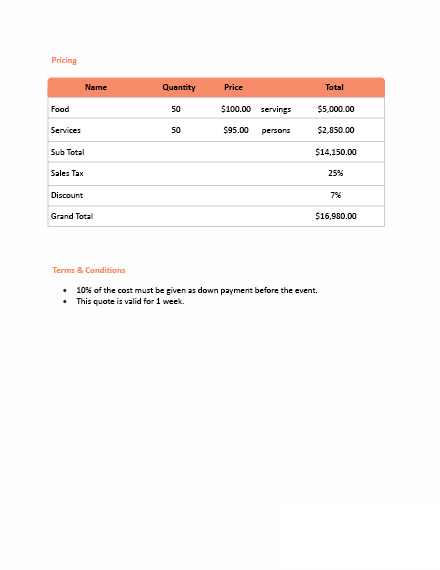 Free Sample Catering Quotation Template - Google Docs, Google Sheets ...