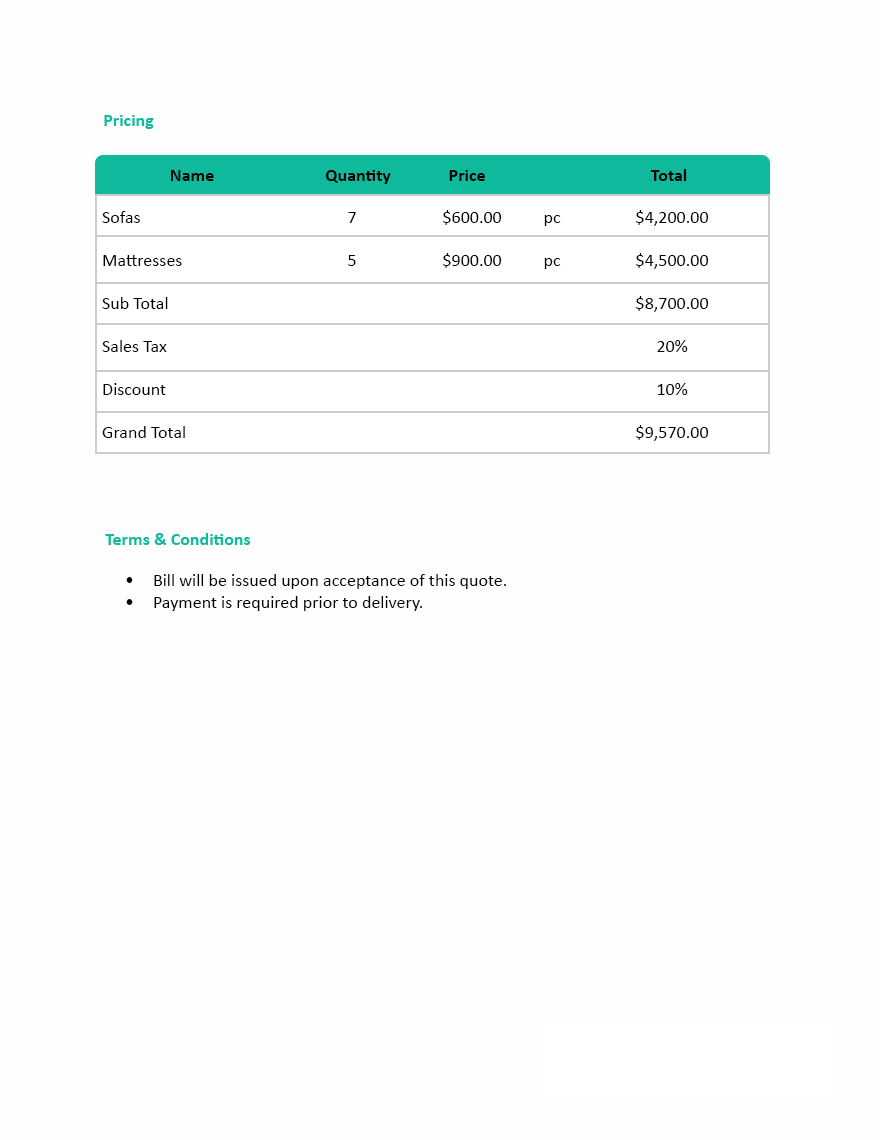 Free Sample Price Quotation Template - Google Docs, Google Sheets, Excel, Word | Template.net