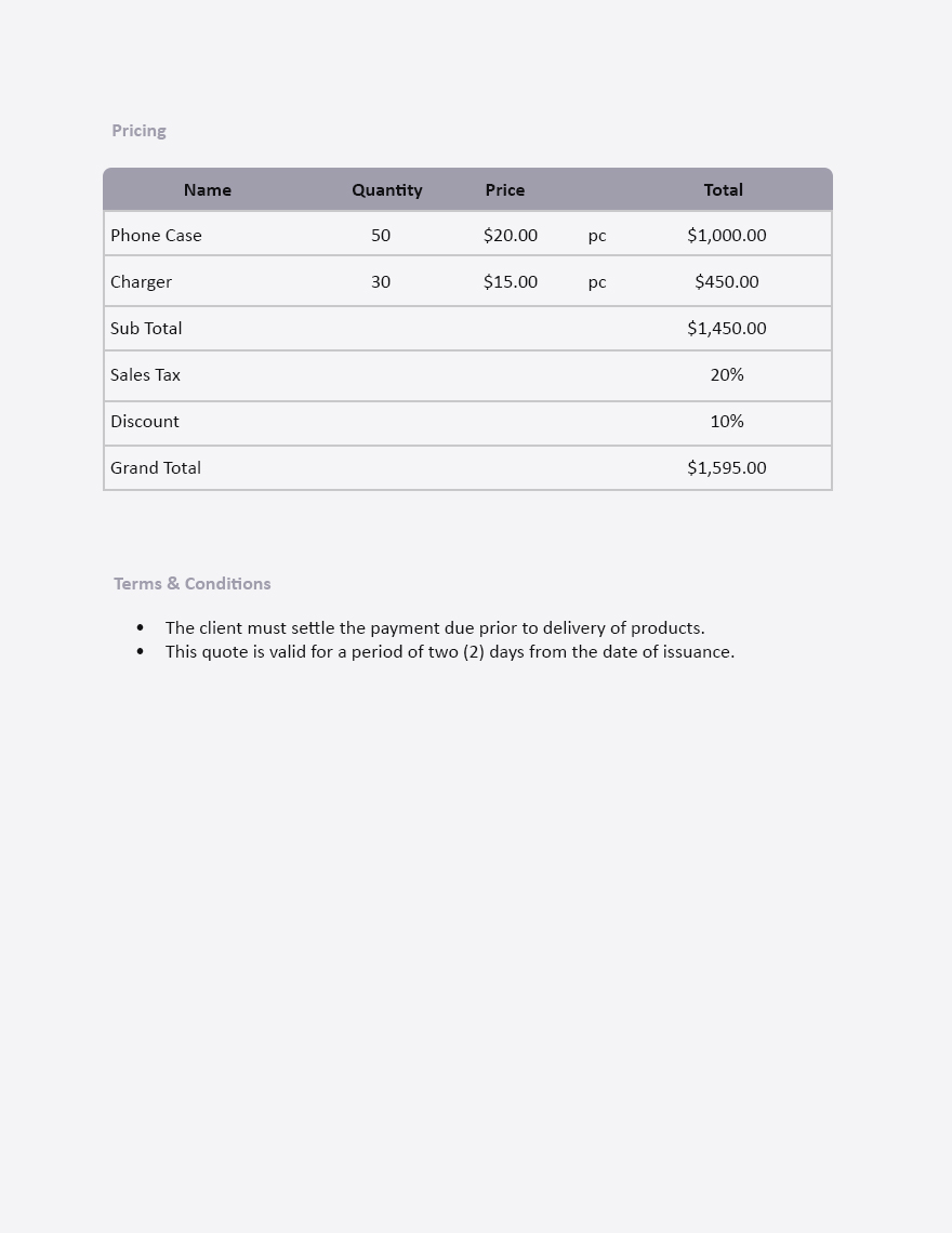 Company Price Quotation Template - Google Docs, Google Sheets, Excel, Word | Template.net
