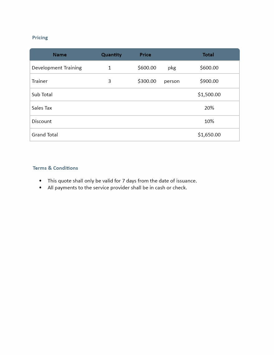 Corporate Training Quotation Sample Template - Google Docs, Google ...