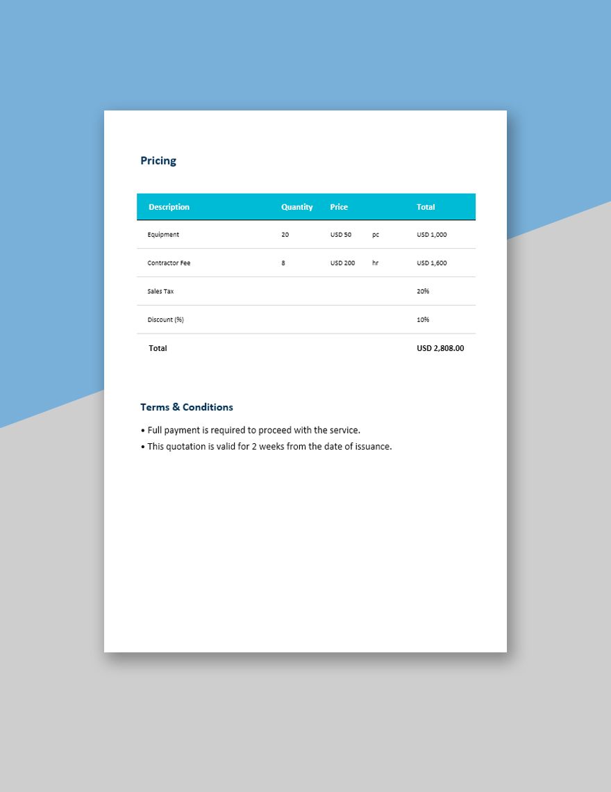 General Contractor Quotation Template in Excel, Google Sheets, Word ...